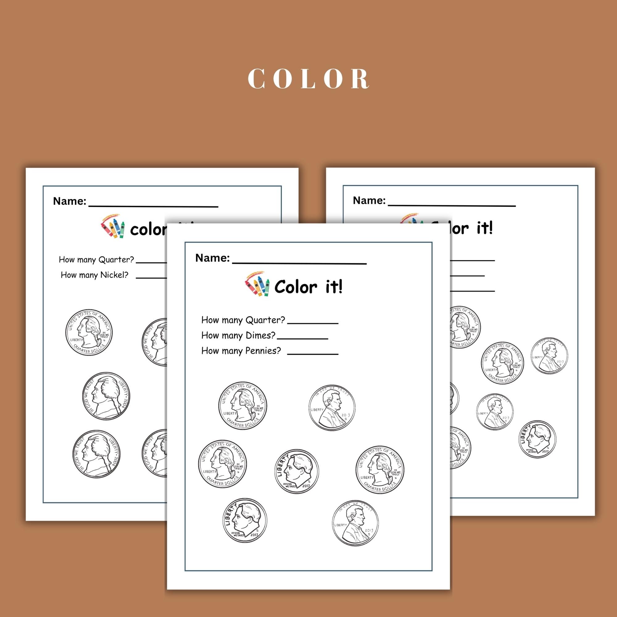 Us Money Counting Worksheet Kid Coin Bill Workbook Identifying Coin ...