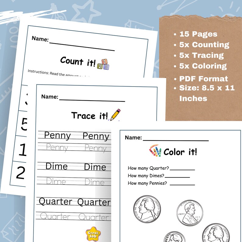 Coin Worksheet Printable 1st Grade Money Lesson Instant Download Money ...