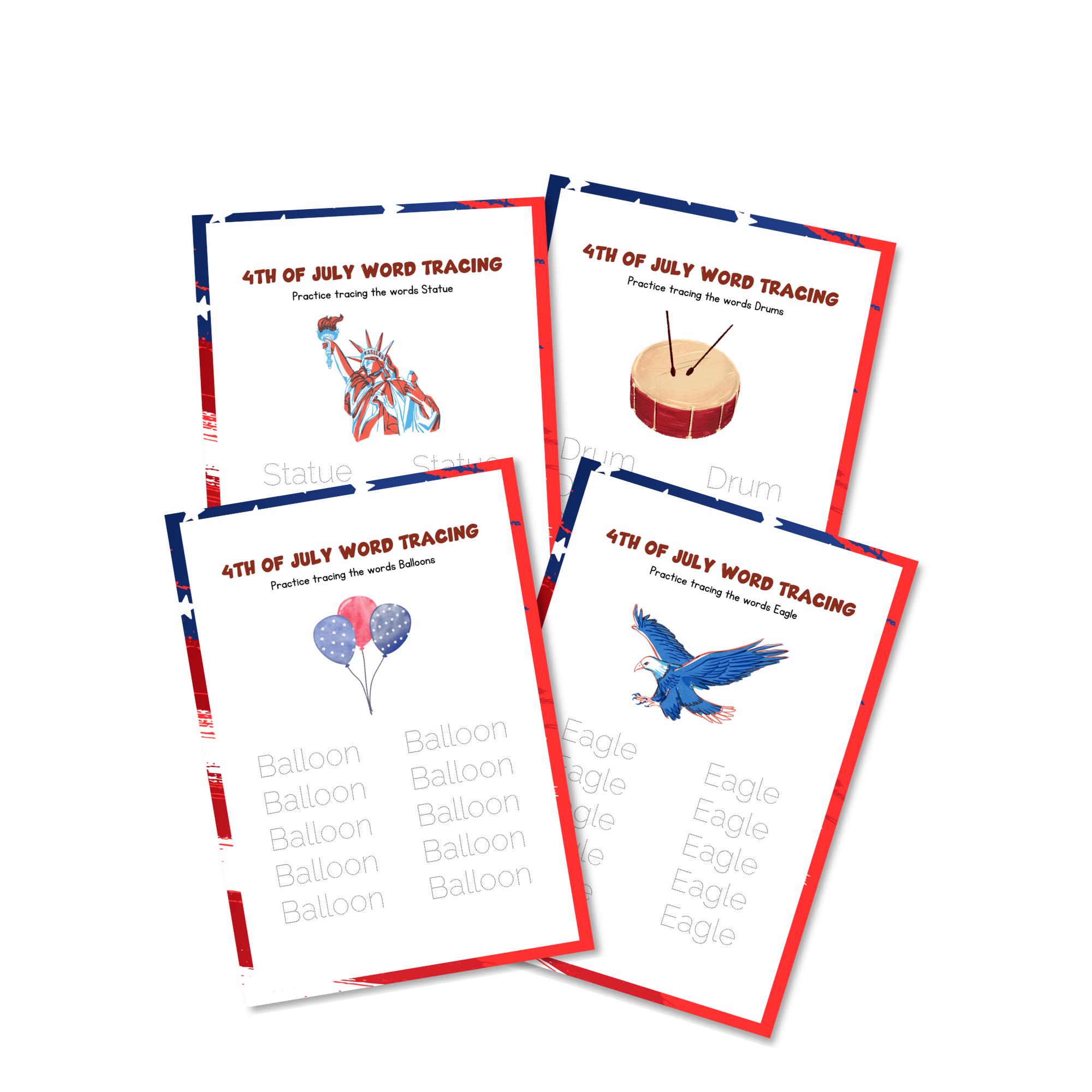 4th of July Worksheets Word Tracing Preschool Kindergarten Activity ...