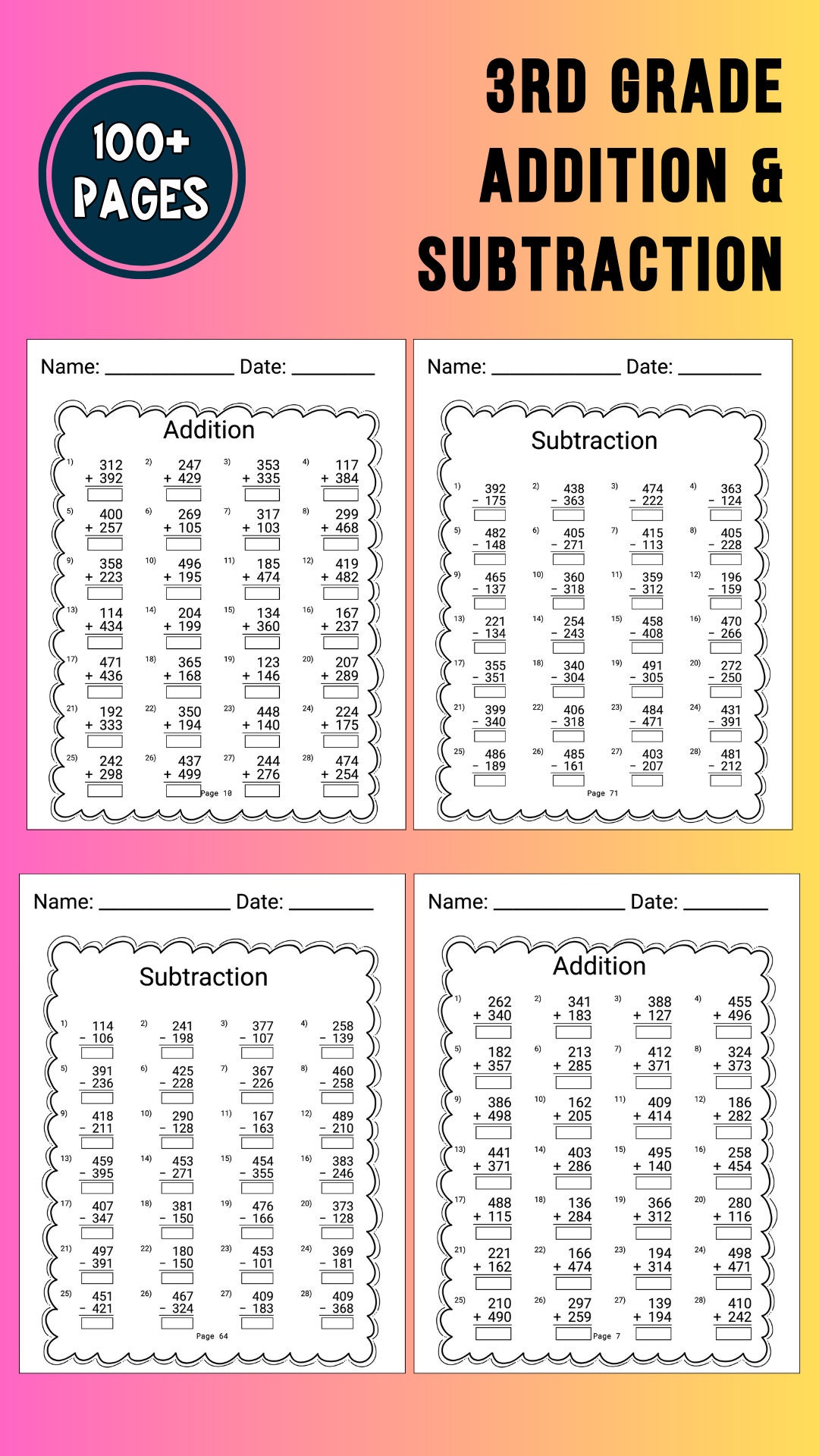 3rd Grade Math Worksheet Addition Subtraction 3rd Grade - Etsy