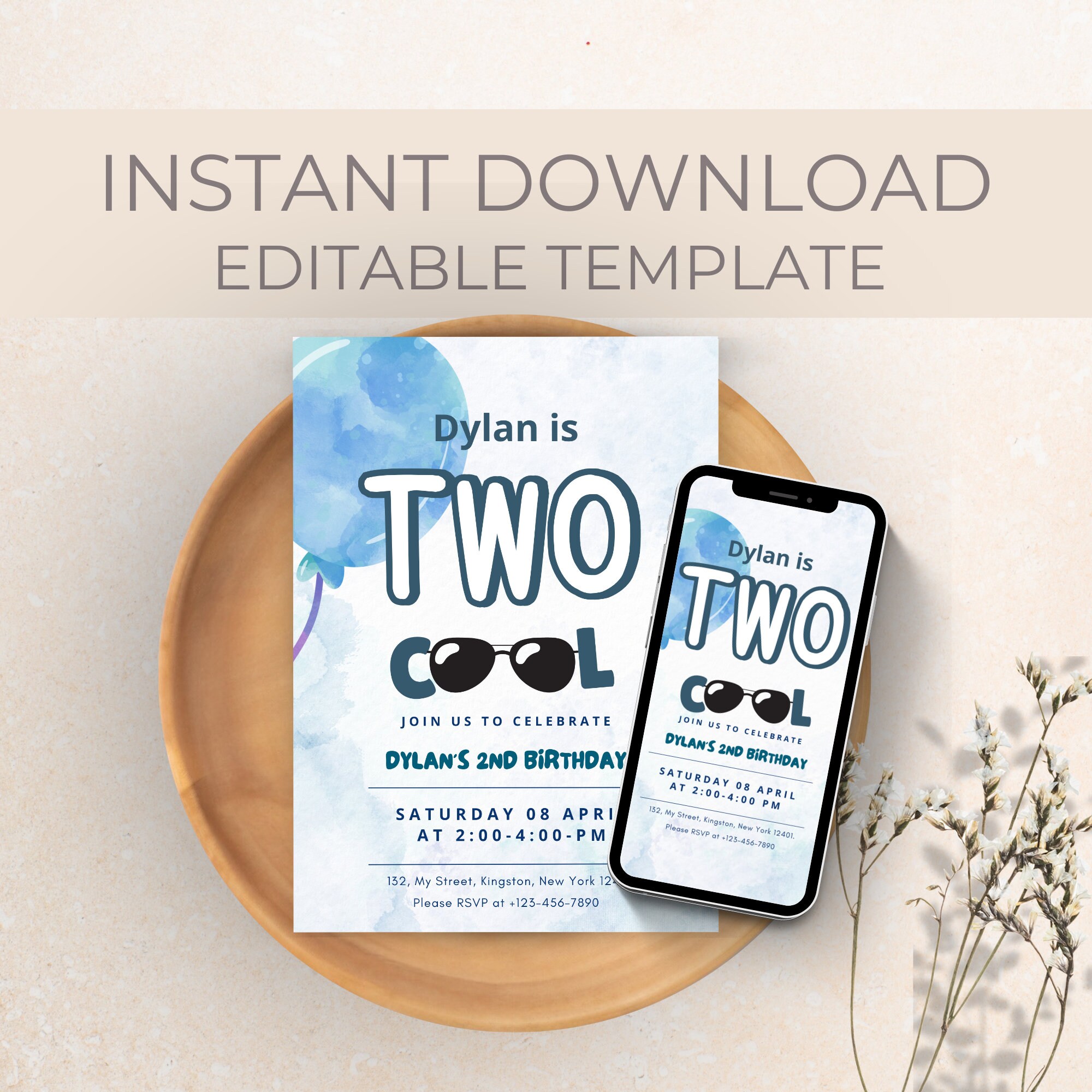 Cool Pool Party Invitation Boy Cool Celebration Invite Editable Two ...