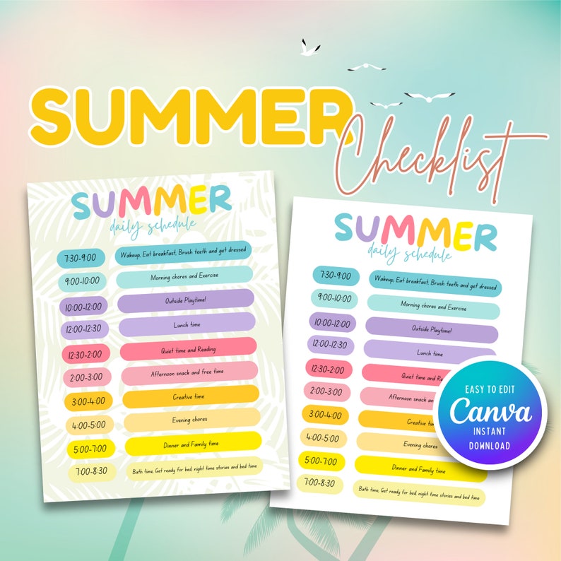 Kid Summer Schedule Template Editable Kid Daily Checklist Summer Daily ...