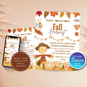 Editable Fall Party Scarecrow Invitation Template Printable Church Fall ...