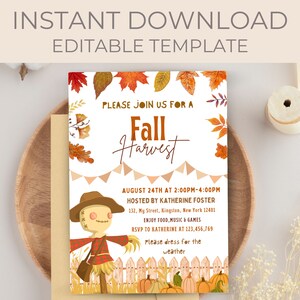 Editable Fall Party Scarecrow Invitation Template Printable Church Fall ...