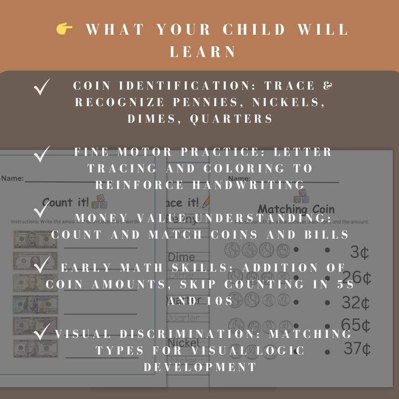 Us Money Counting Worksheet Kid Coin Bill Workbook Identifying Coin ...