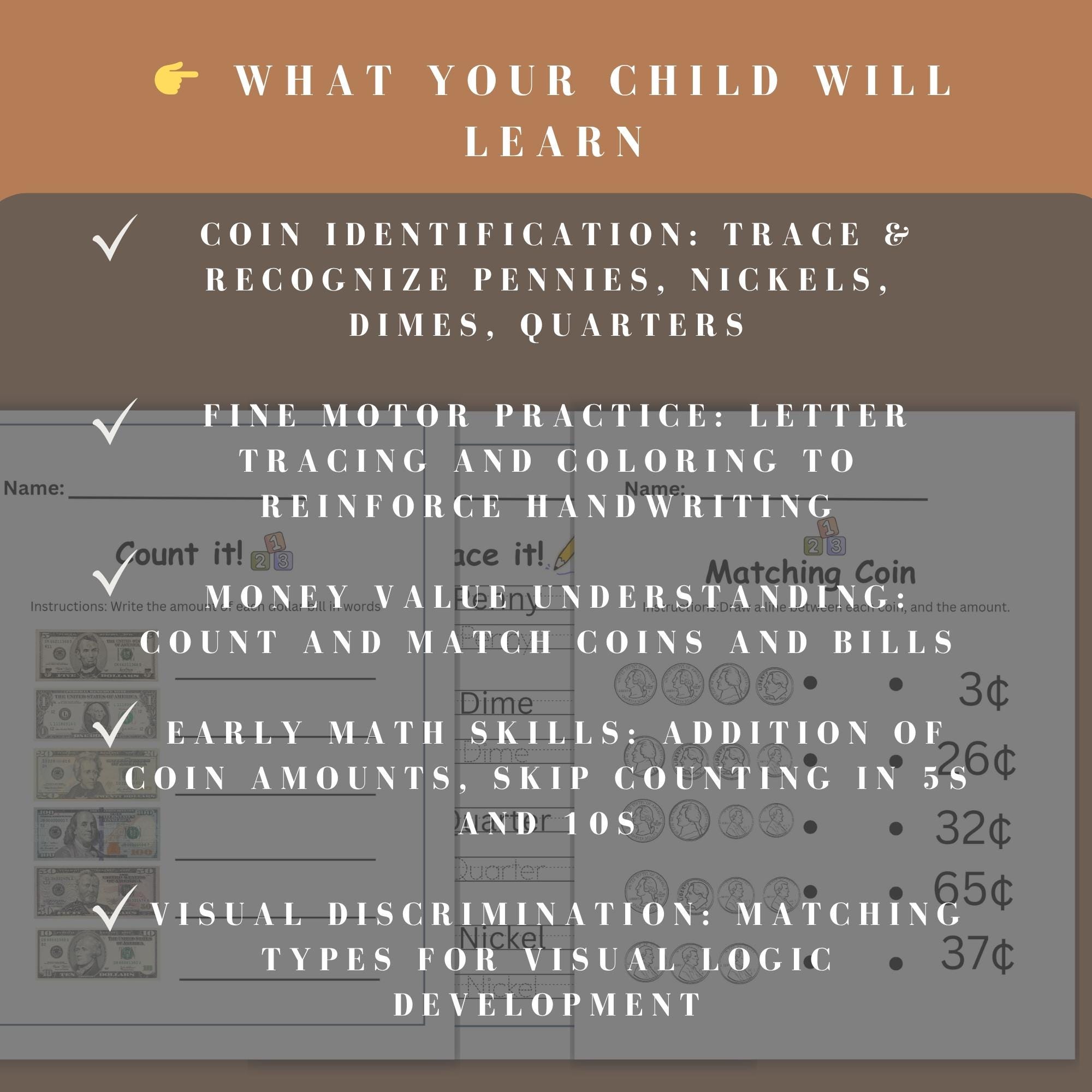 Us Money Counting Worksheet Kid Coin Bill Workbook Identifying Coin ...