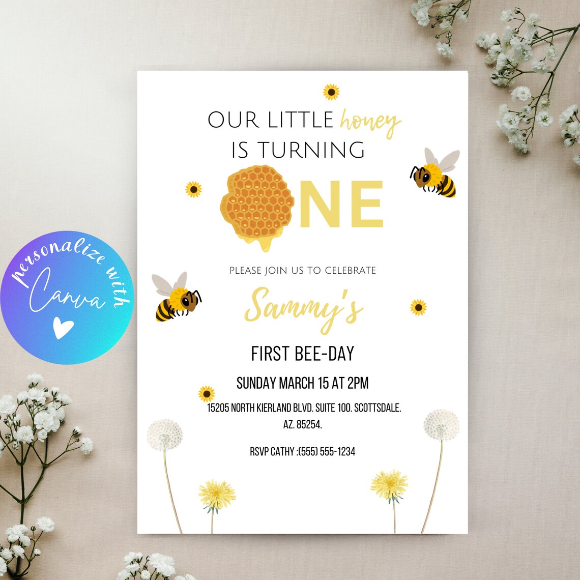 Bee Themed Birthday Invitation Girl Baby First Birthday Card Honeycomb ...