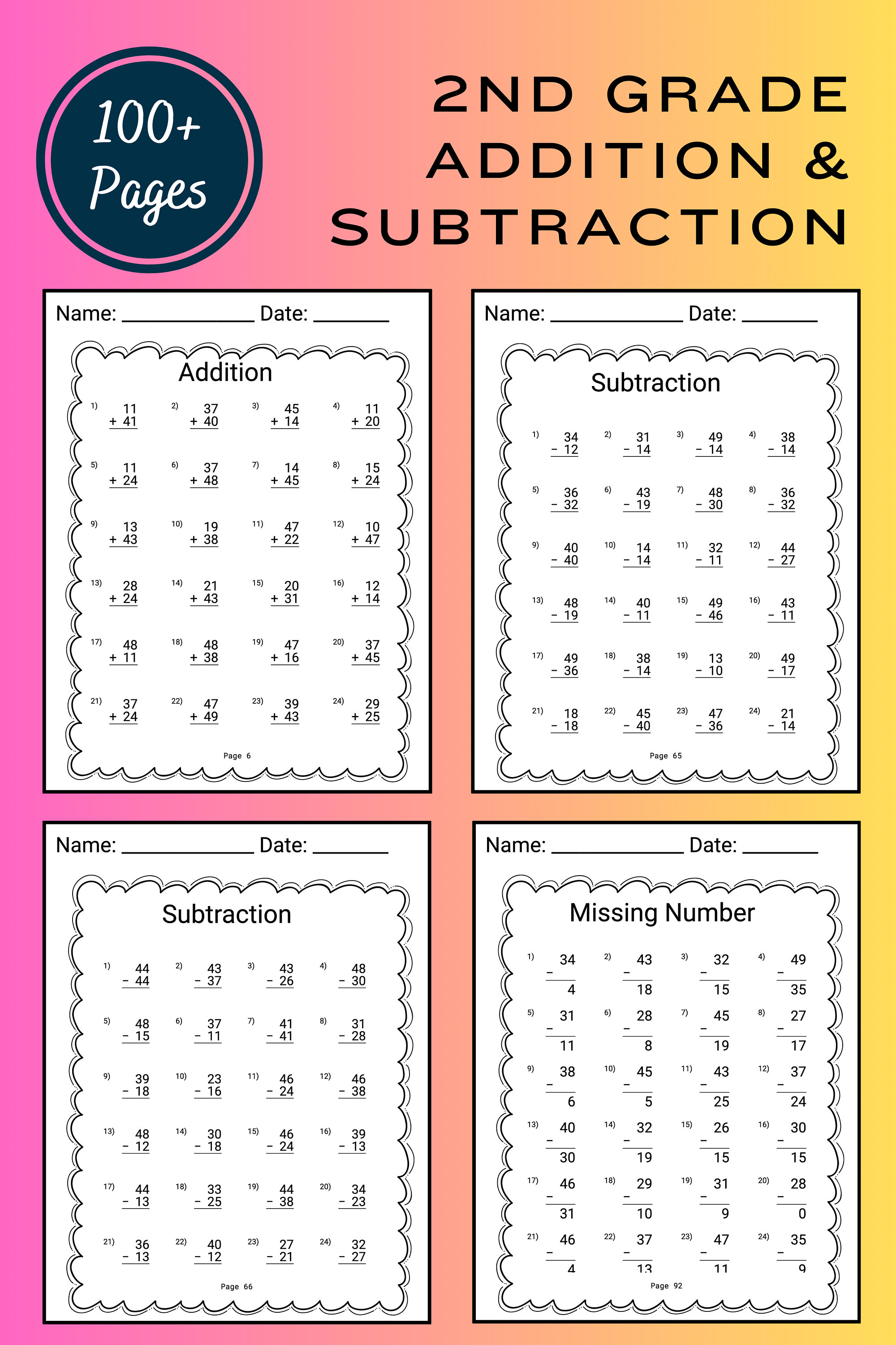 Subtraction Worksheets For 2nd Grade