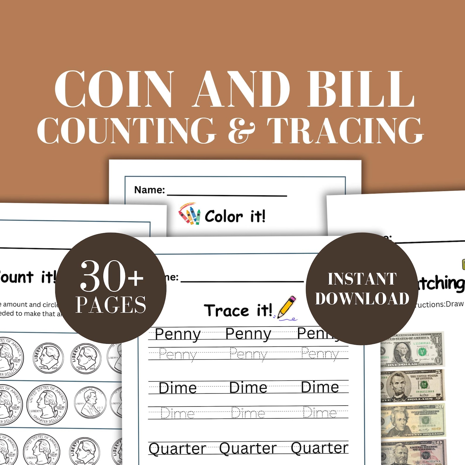 Us Money Counting Worksheet Kid Coin Bill Workbook Identifying Coin ...