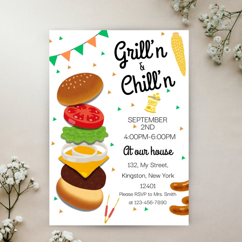 Grill Chill Invite Printable BBQ Digital Invitation Editable Back Yard ...