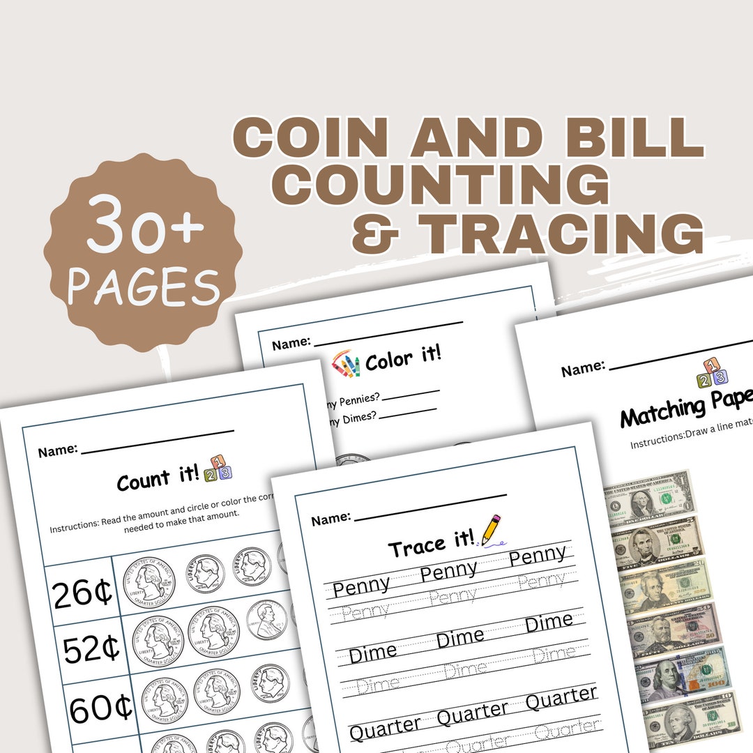 US Money Counting Worksheet Kid Coin Bill Workbook Identifying Coin ...