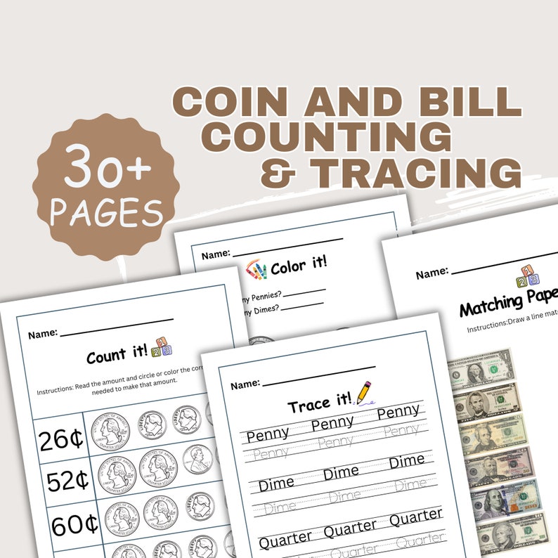 US Money Counting Worksheet Kid Coin Bill Workbook Identifying Coin ...