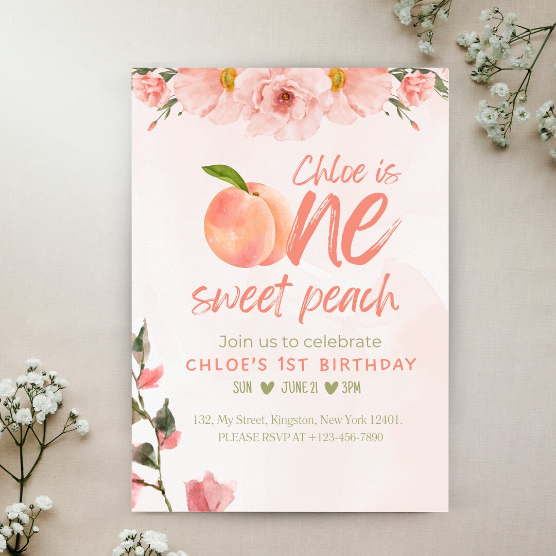 One Sweet Peach Birthday Party Template Peach First Birthday Invite ...