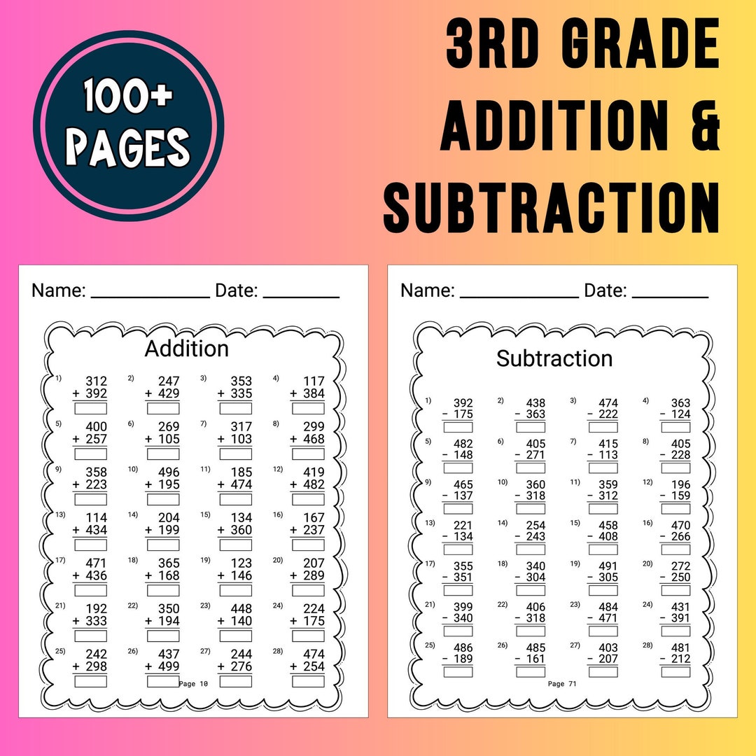 3rd Grade Math Worksheet Addition Subtraction 3rd Grade Etsy