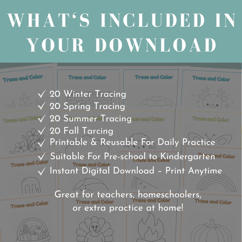 Trace and Color Worksheets Bundle Preschool Kindergarten All Seasons ...