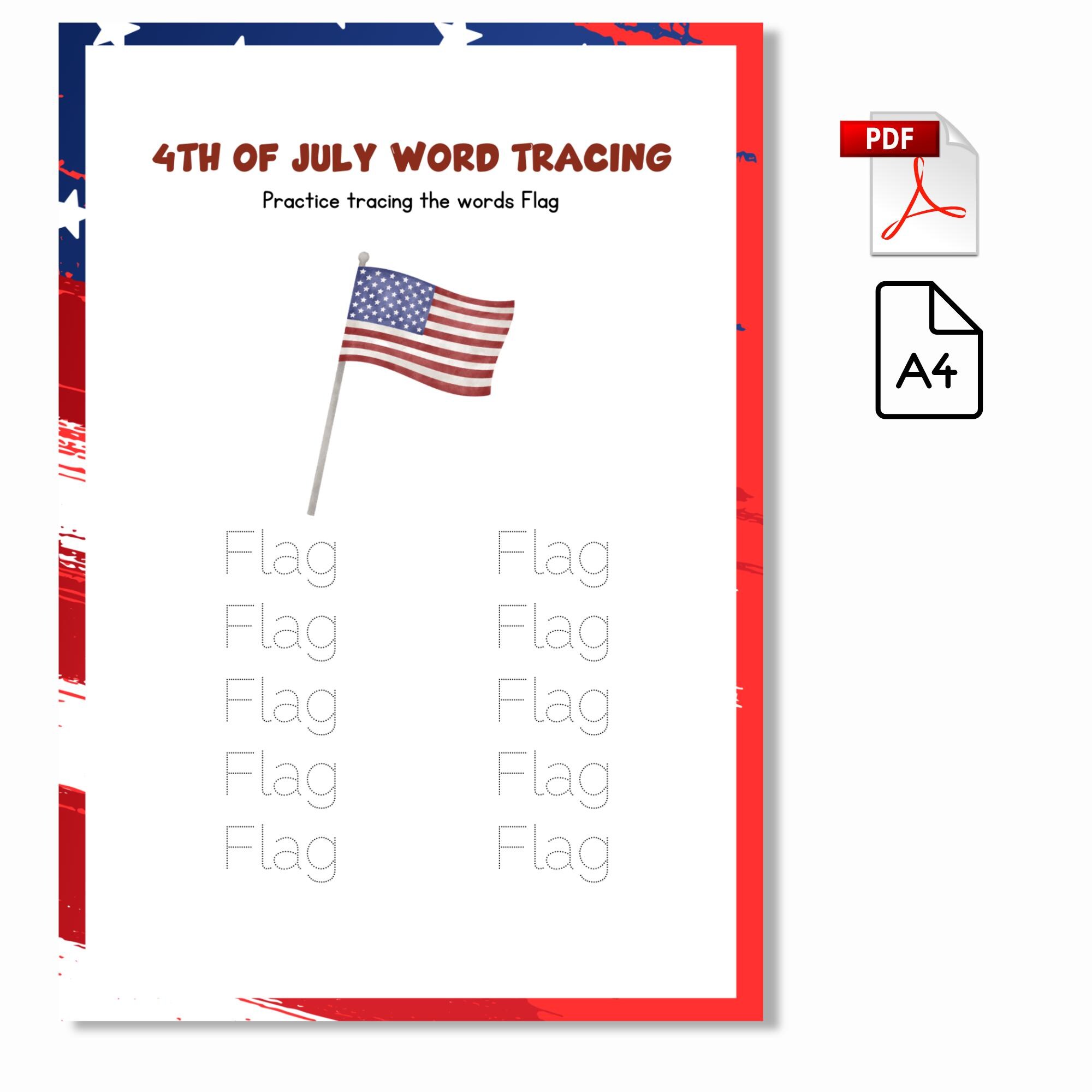 4th of July Worksheets Word Tracing Preschool Kindergarten Activity ...