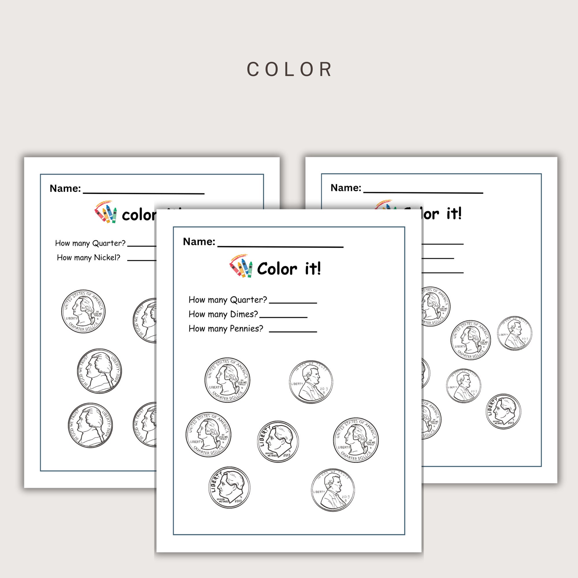 US Money Counting Worksheet Kid Coin Bill Workbook Identifying Coin ...