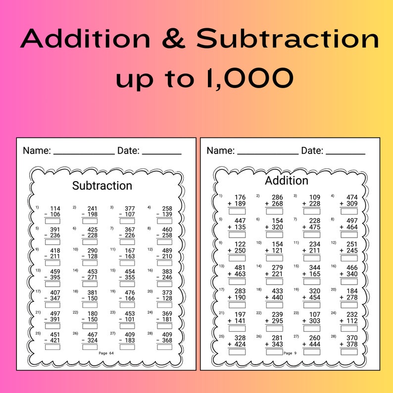 3rd Grade Math Worksheet Addition Subtraction 3rd Grade - Etsy