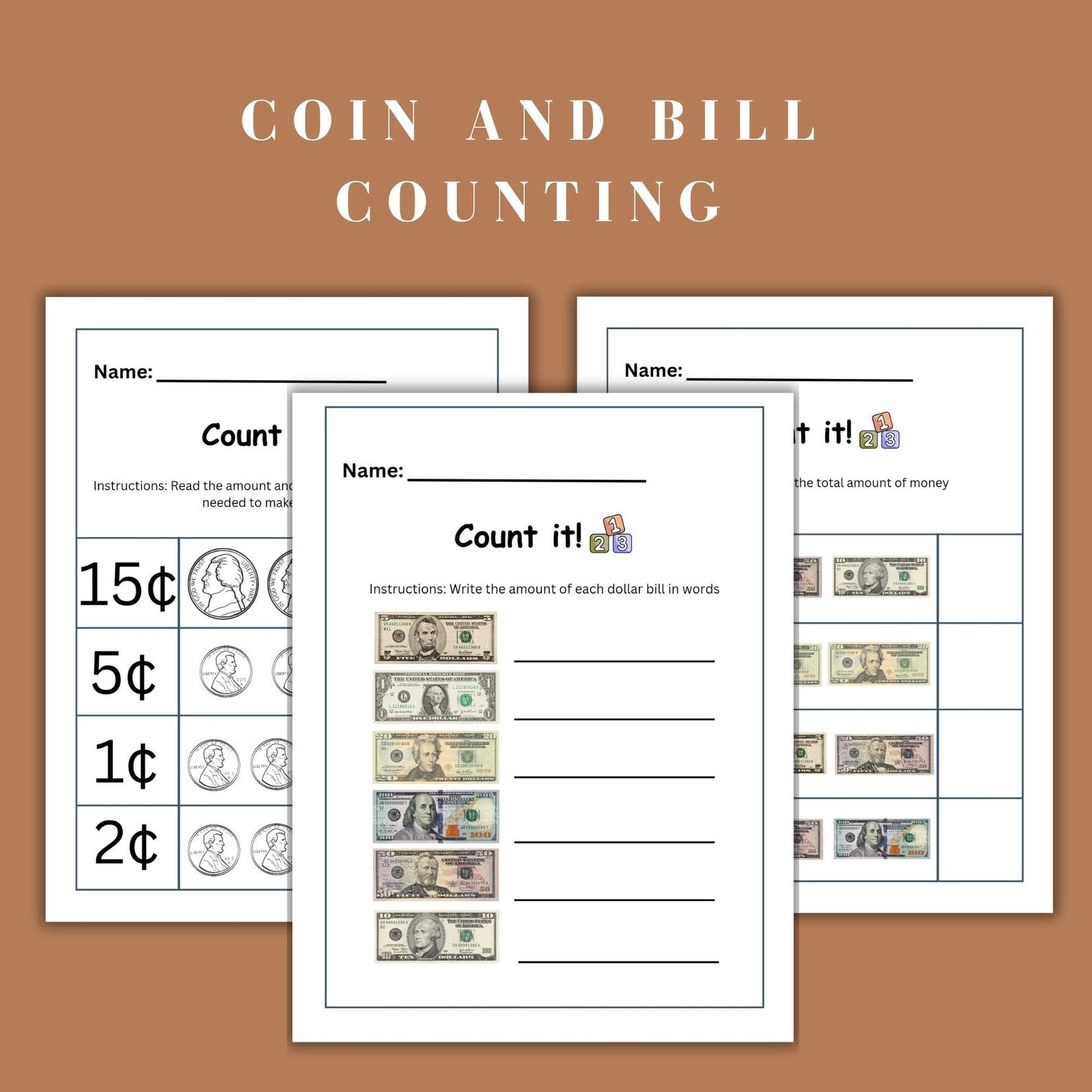 Us Money Counting Worksheet Kid Coin Bill Workbook Identifying Coin ...