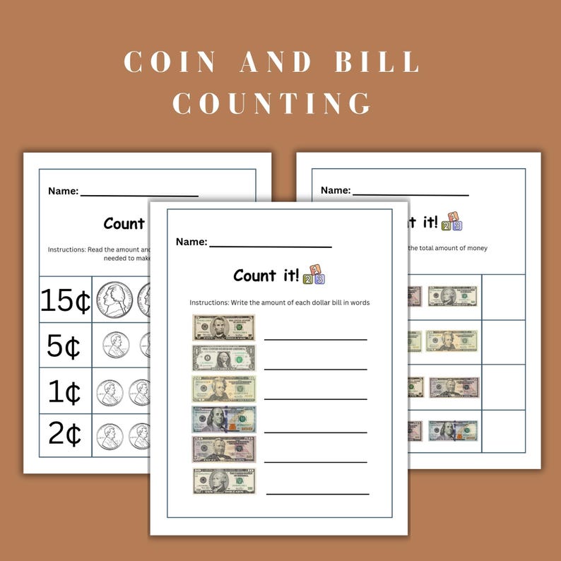Us Money Counting Worksheet Kid Coin Bill Workbook Identifying Coin ...