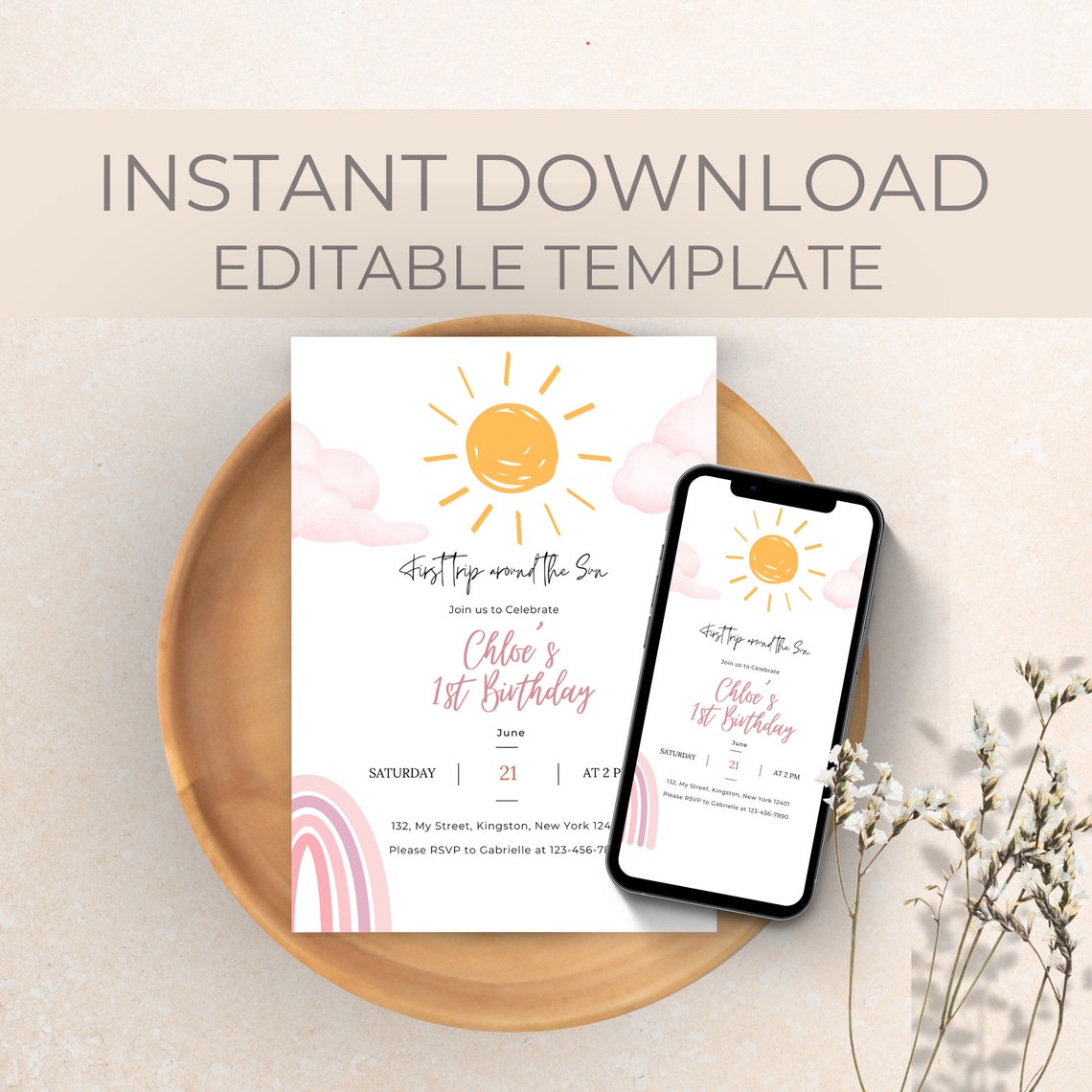 One in the Sun Birthday Invitation Printable First Birthday Invitation ...