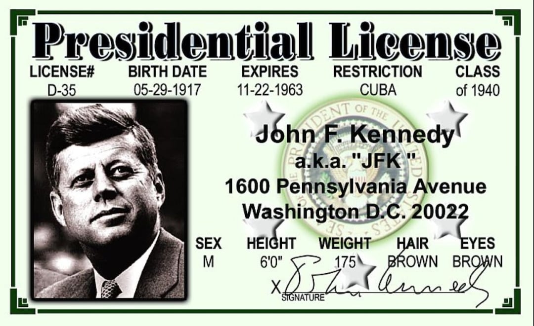 John F. Kennedy Presidential Drivers License on a Laminated ID Card 3.4 ...