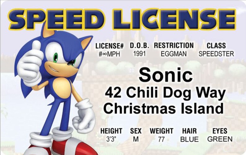 Sonic the Hedgehog Prop Drivers License on a Laminated ID Card - Etsy