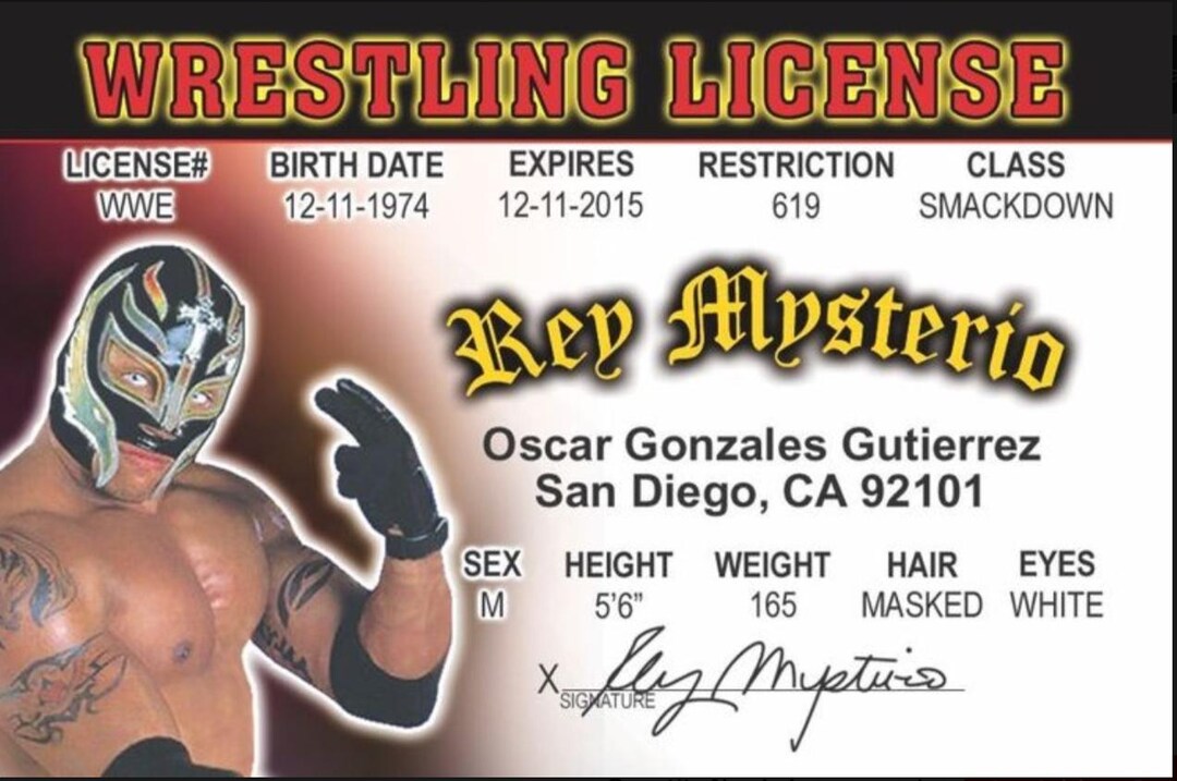 Rey Mysterio Prop Drivers License on a Laminated ID Card 3.4” X 2.2 ...