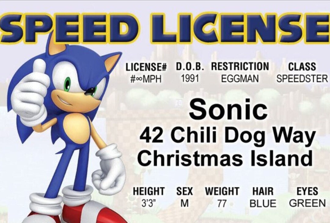 Sonic the Hedgehog Prop Drivers License on a Laminated ID Card 3.4” X 2.2”.this Parody ID Makes ...