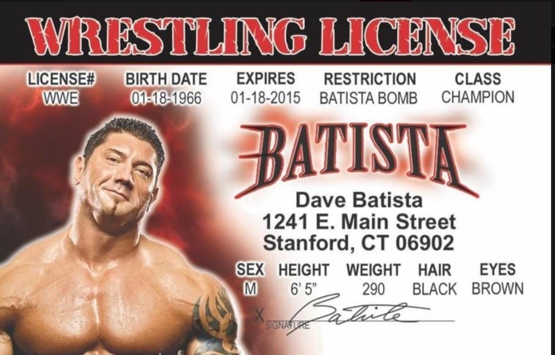 Dave Batista Prop Drivers License on a Laminated ID Card 3.4” X 2.2 ...