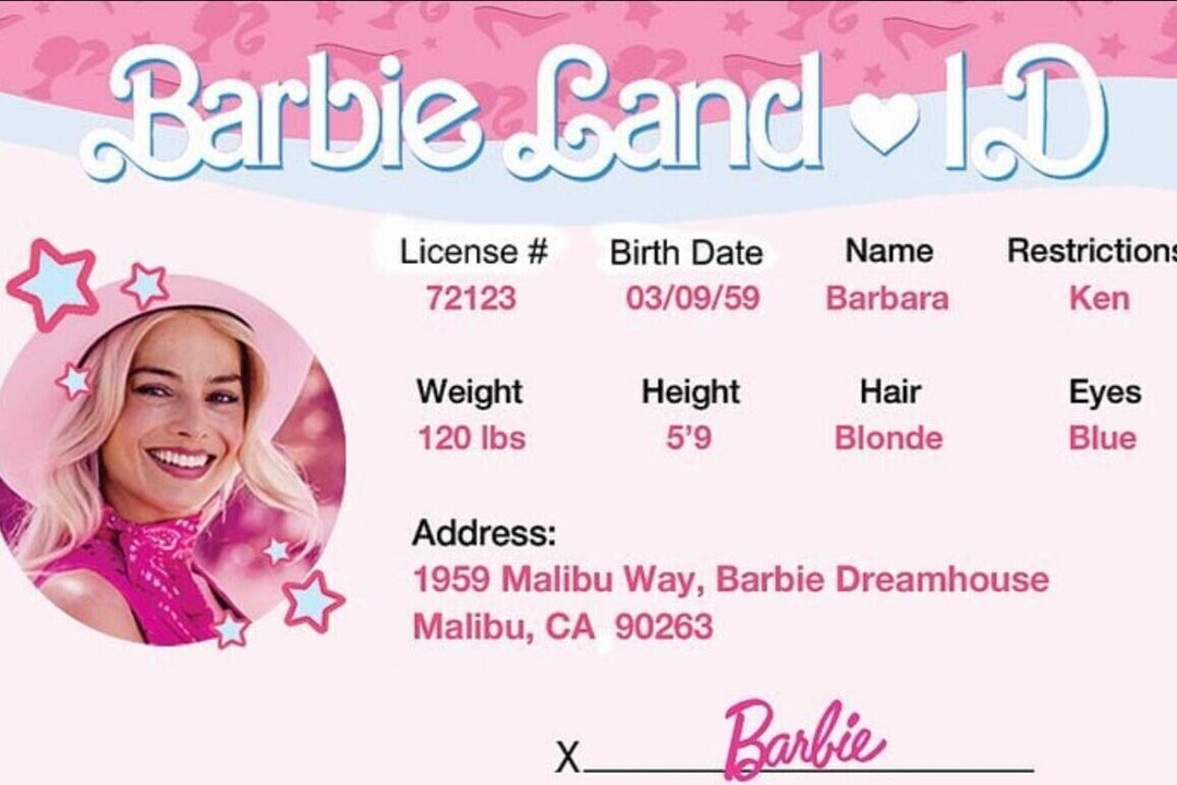 Barbie Land Prop Drivers License on a Laminated ID Card 3.4 X by 2.2. A ...