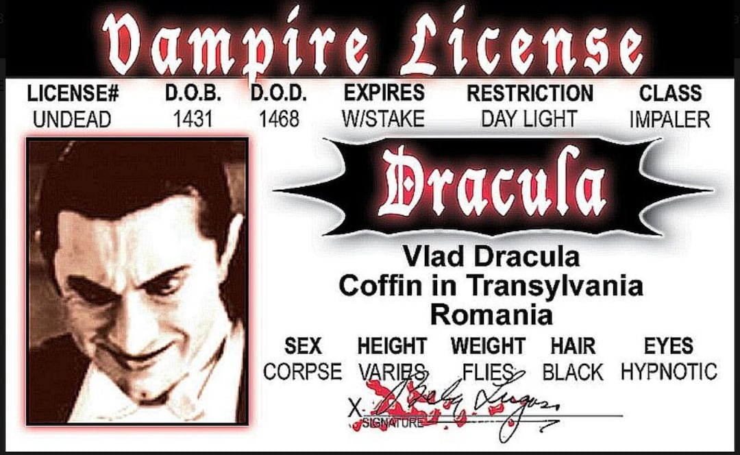 Dracula Vampire License on a Laminated ID Card 3.4 Inches by 2.2 Inches ...