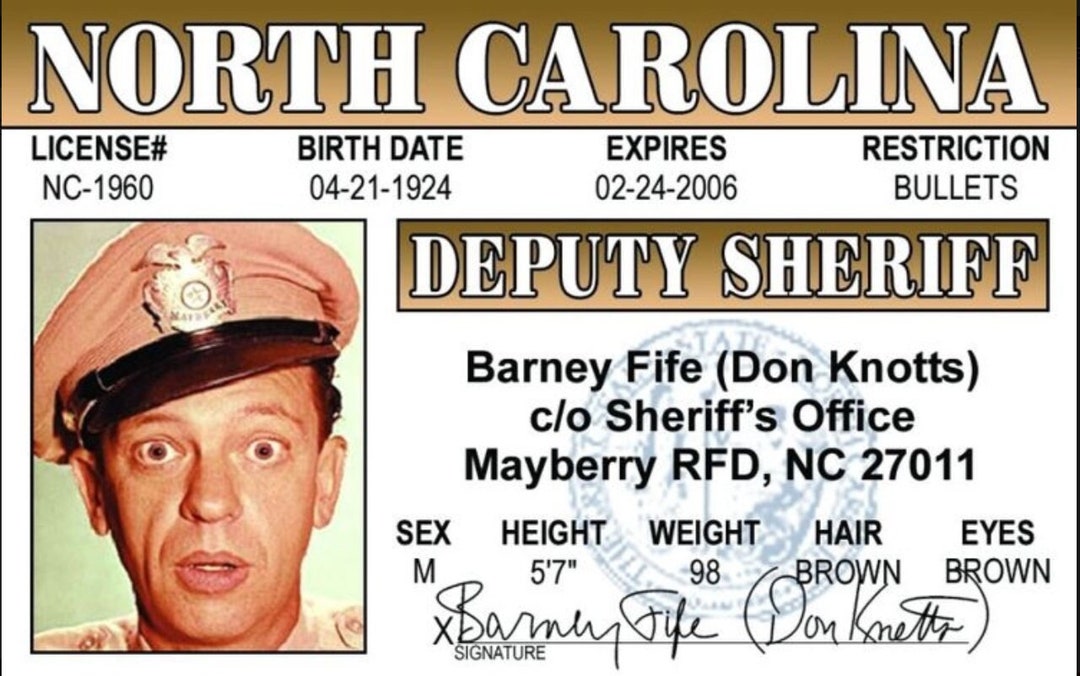 Barney Fife,deputy Sheriff License on a Laminated ID Card 3.4 Inches by ...