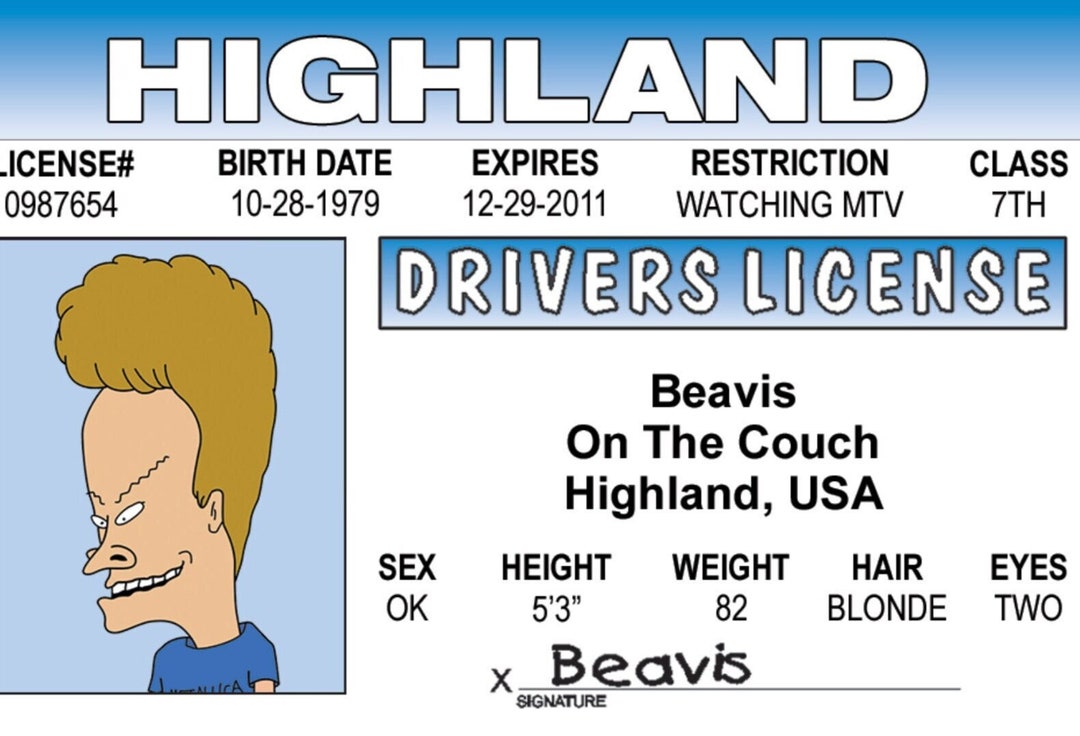 Beavis Prop Drivers License on a Laminated ID Card 3.4” X 2.2”.this ...