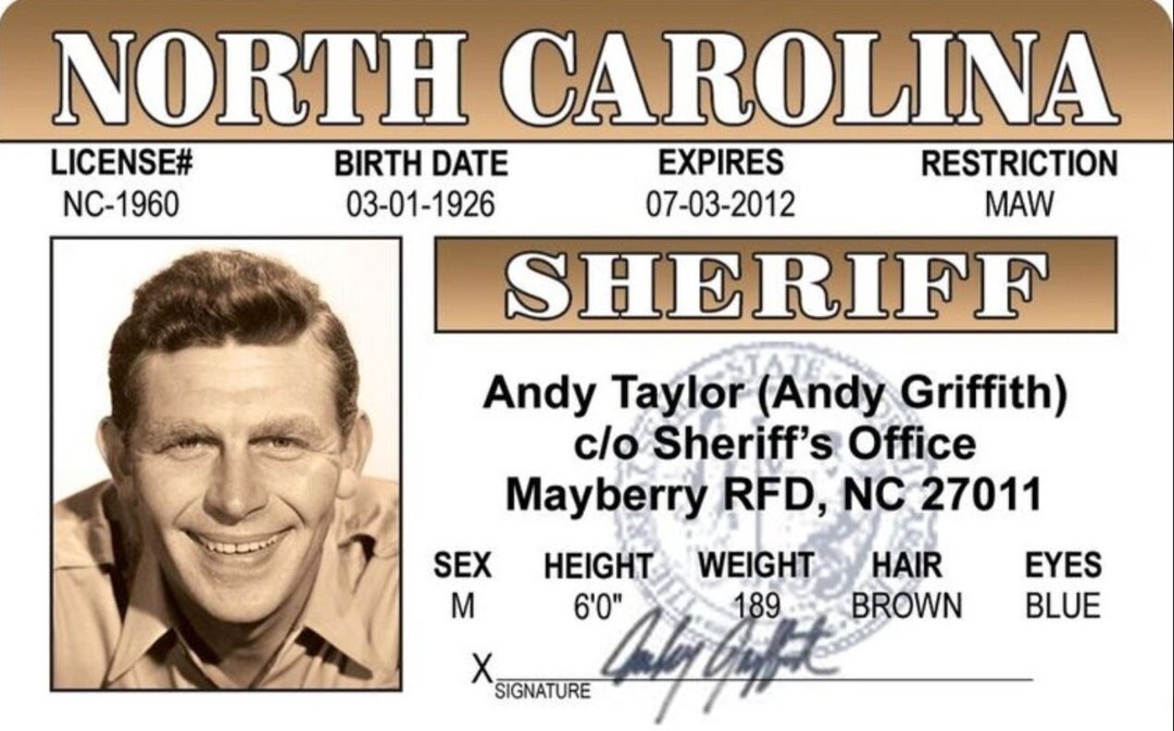 Andy Griffith,sheriff Taylor Parody Prop Drivers License on a Laminated ...