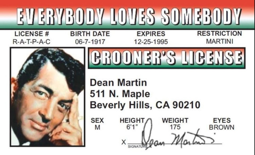 Dean Martin Drivers License on a Laminated ID Card 3.4 Inches by 2.2 ...