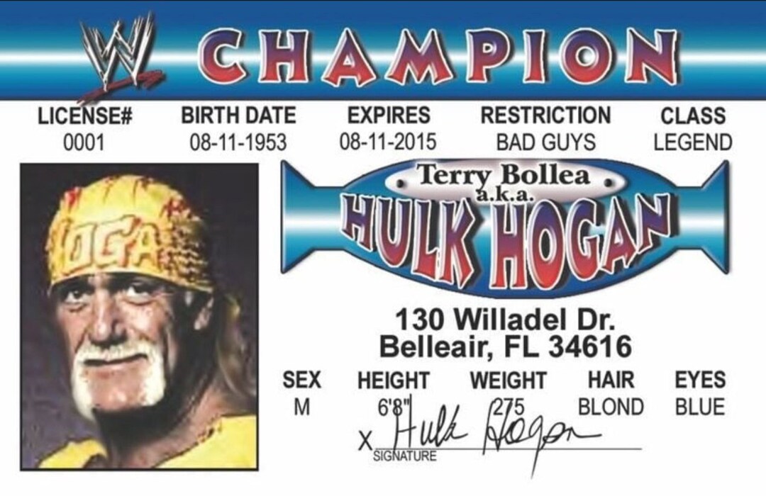 Hulk Hogan Prop Drivers License on a Laminated ID Card 3.4 X 2.2.this ...