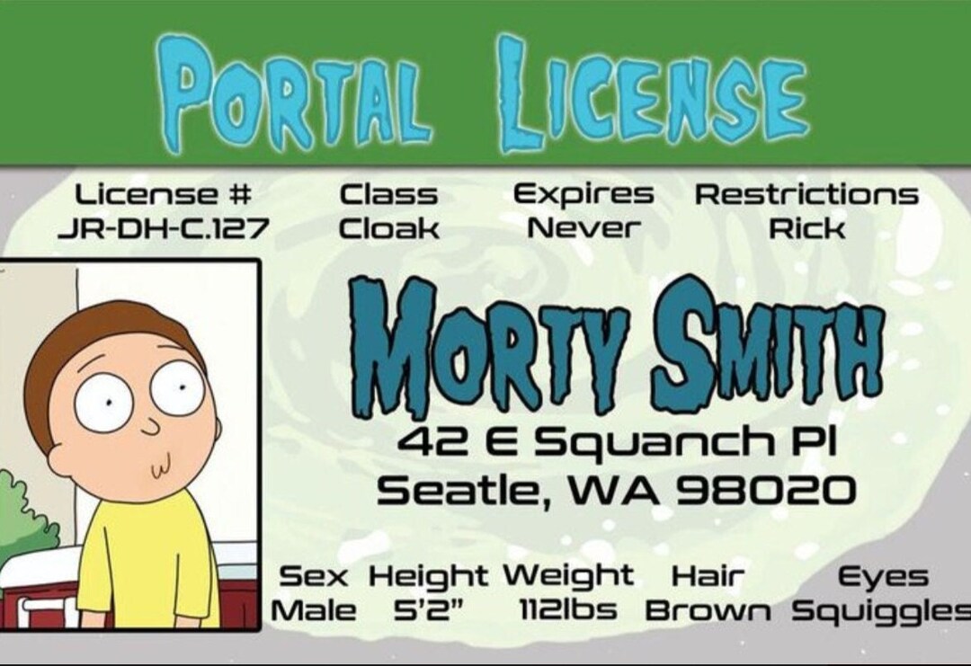 Morty Smith Parody Prop Drivers License on a Laminated ID Card 3.4” X 2 ...