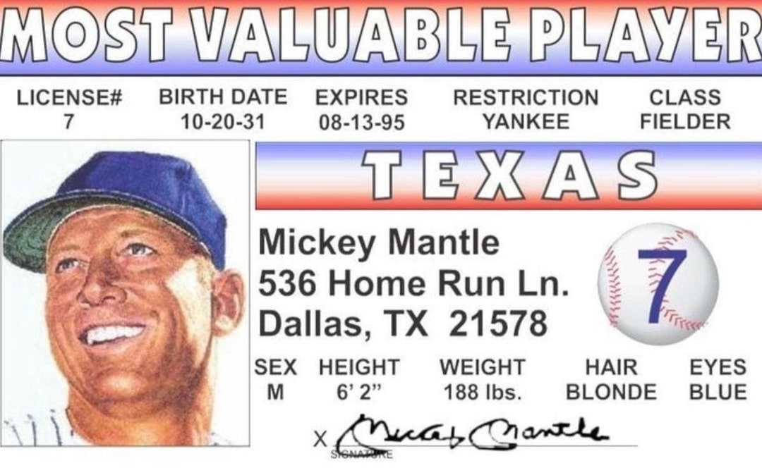 Mickey Mantle Prop Drivers License on a Laminated ID Card 3.4” X 2.2 ...