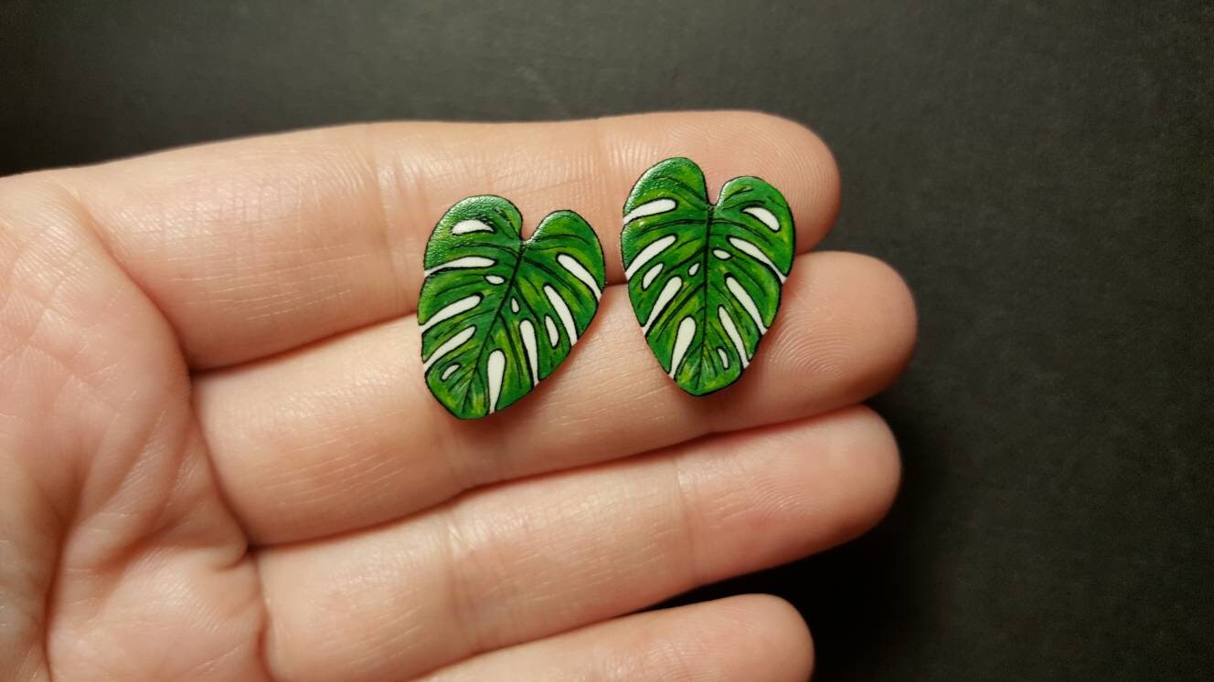 Monstera Stud Earrings Tropical Jewelry Jungle Leaf - Etsy