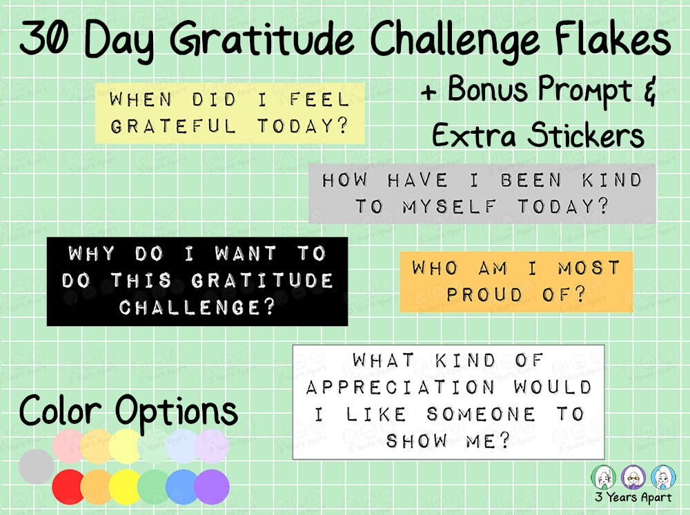 Gratitude Prompts Stickers | 30 Day Challenge Monthly Label Functional ...