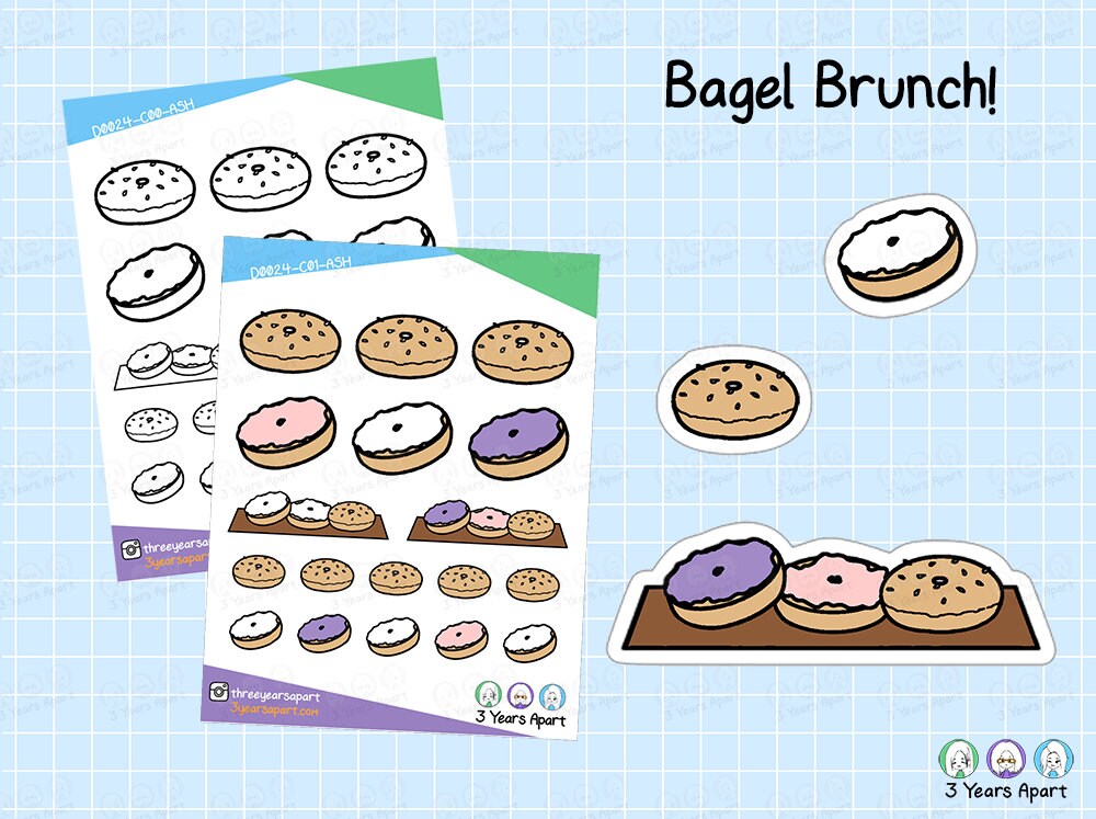 Bagel Stickers | Cream Cheese Spread Food Hand Drawn Doodle Stickers ...