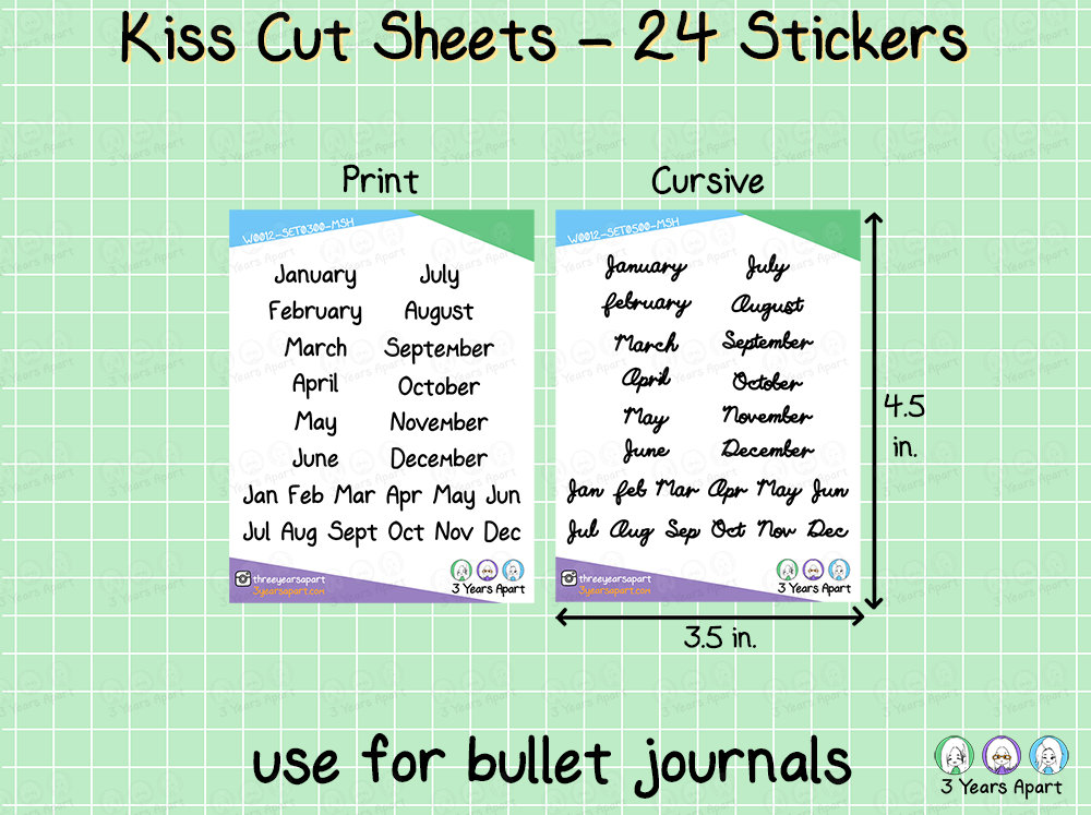 Month Script Stickers Label Handwriting Font Yearly - Etsy