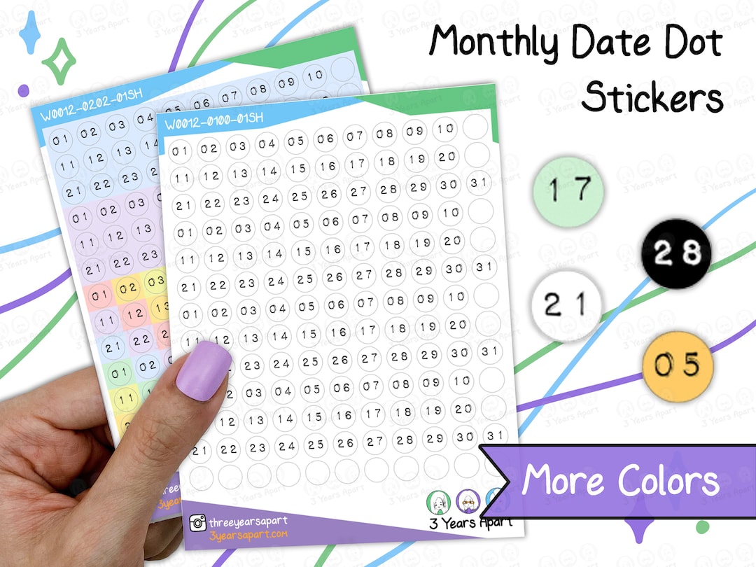 Monthly Date Dot Number Stickers | Functional Script Rainbow Weekly ...
