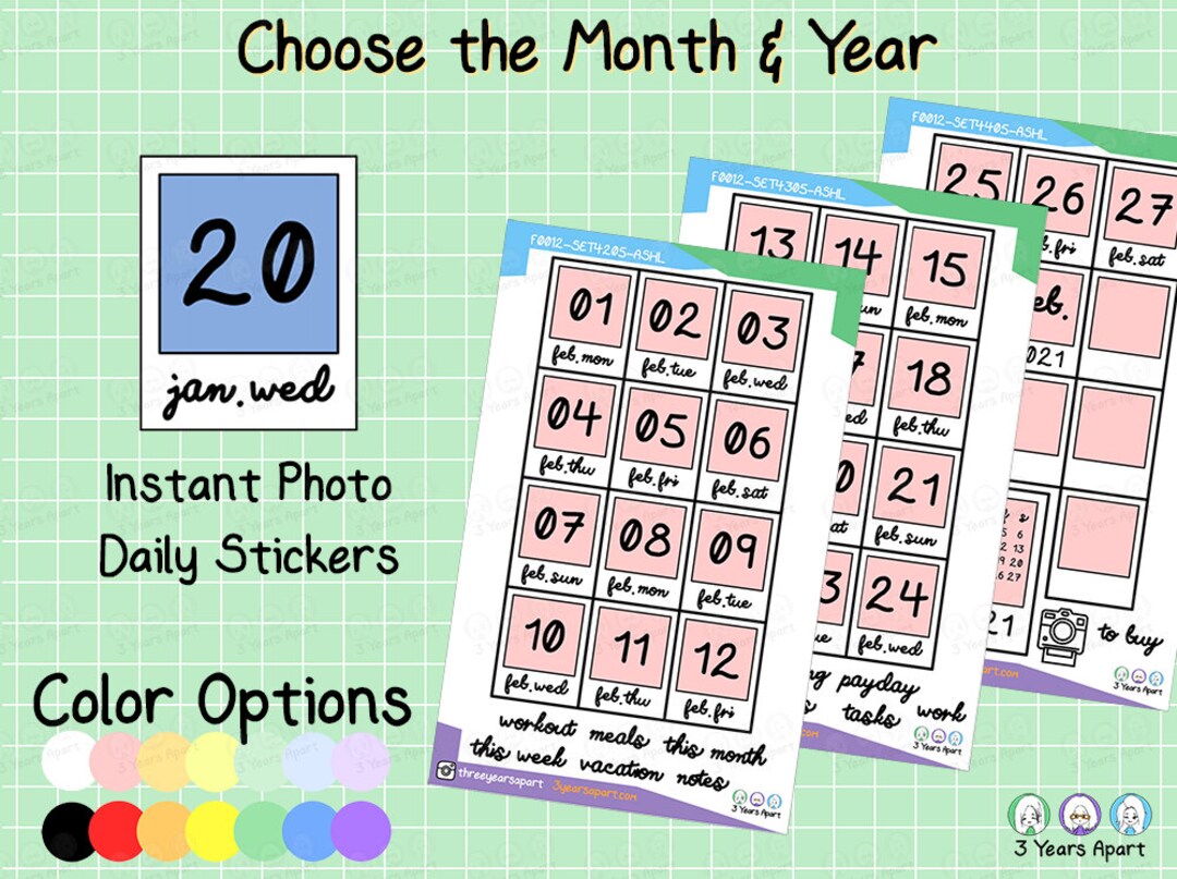 Instant Photo Bullet Journal Dated Monthly Sticker Kit | Custom Color ...