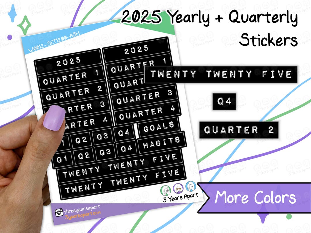 2025 Yearly and Quarterly Script Stickers | Label Handwriting Font ...