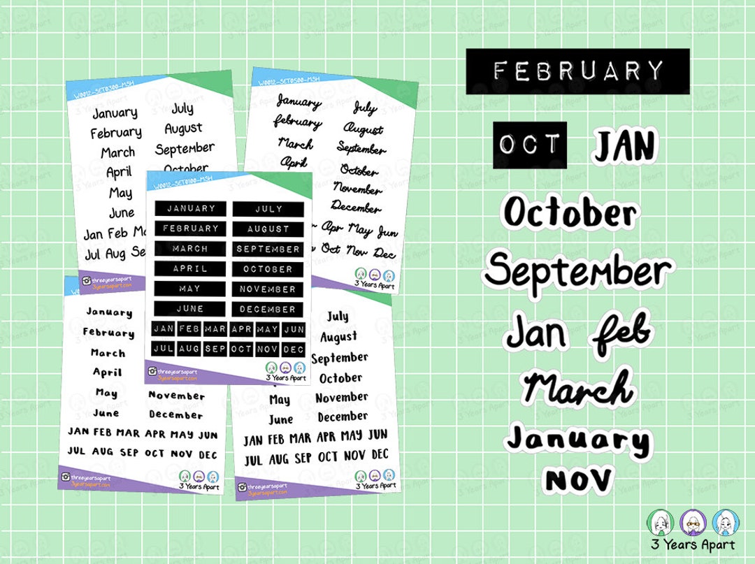 Month Script Stickers | Label Handwriting Font Yearly Functional Deco ...