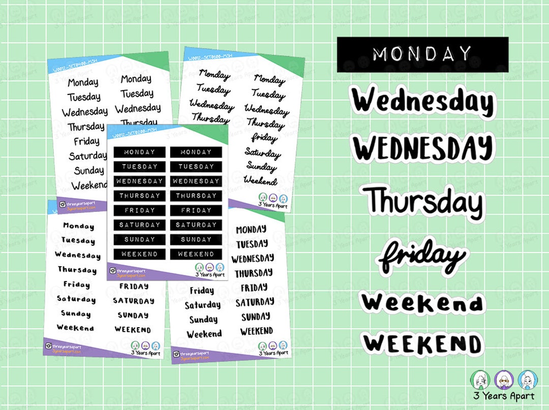 Weekday Script Stickers Label Handwriting Font Weekly Functional Deco ...