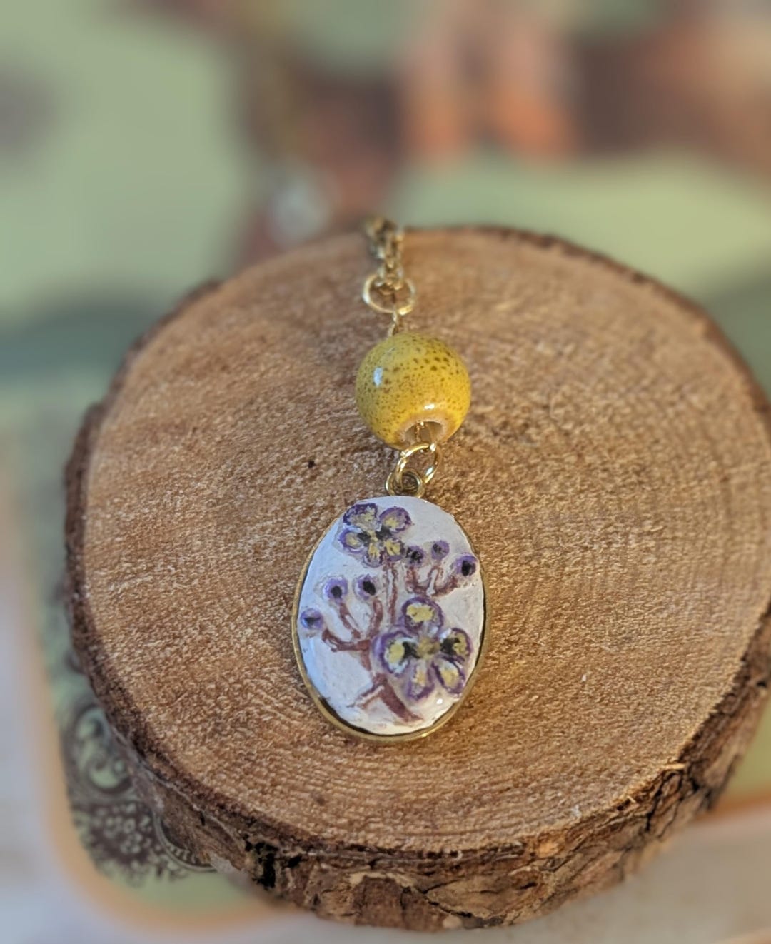 Violets: Hand-carved and Painted Clay and Resin Pendant. Handmade ...