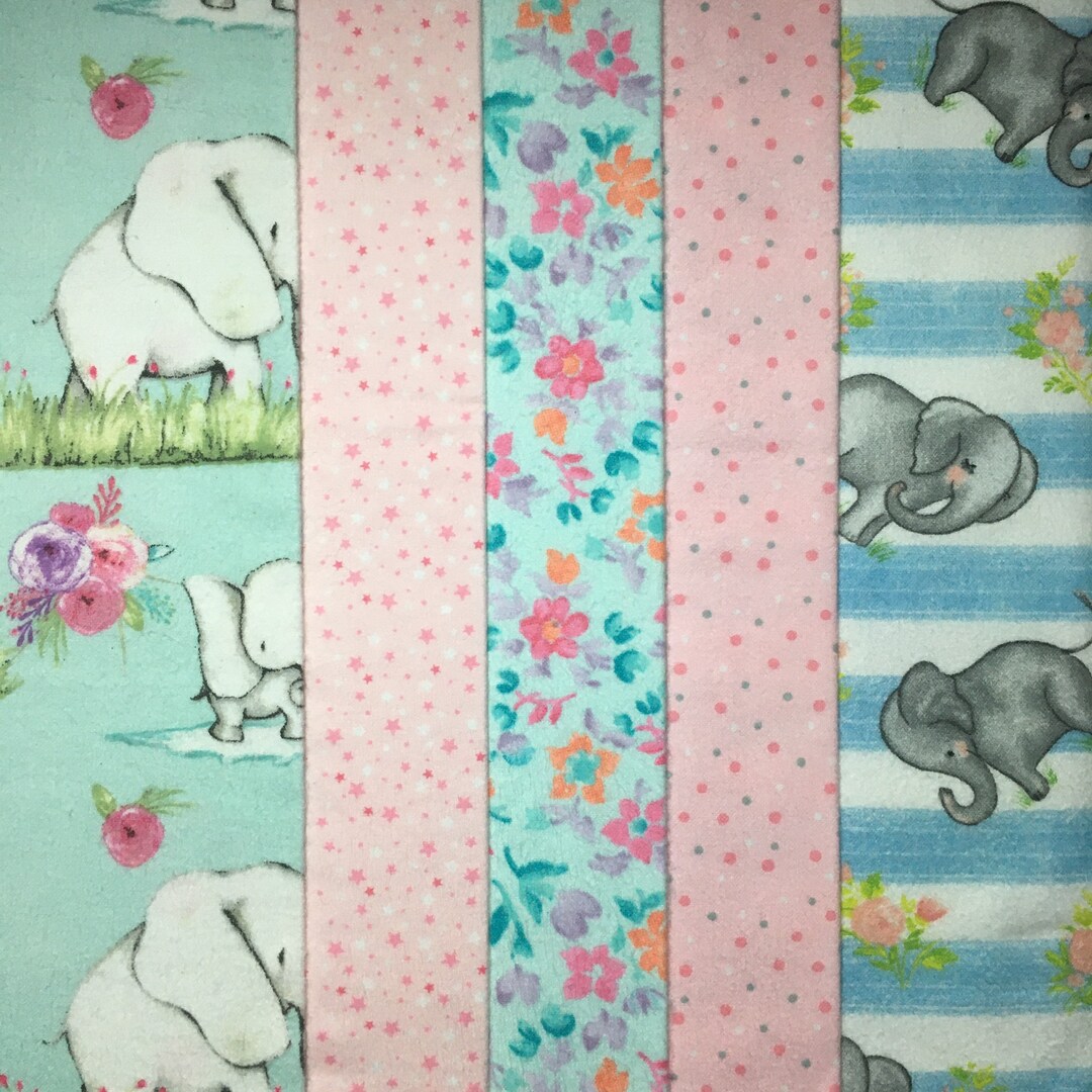 Elephants With Watercolor Flowers Flannel Fat Quarter Bundle, Pink and ...